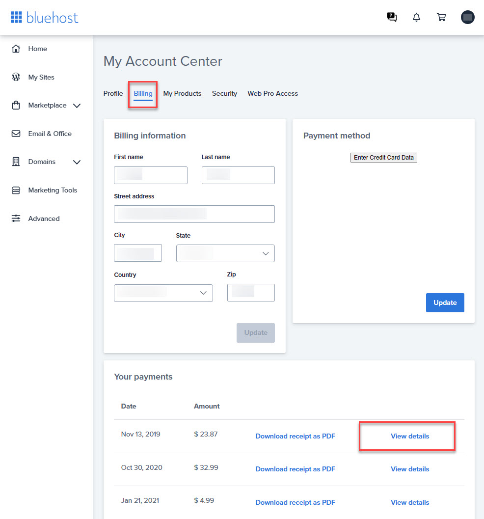 View Billing Receipts and Payment History | Bluehost Support